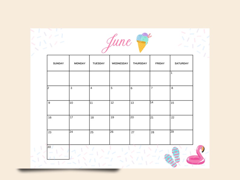 Printable June 2024 Monthly Calendar. Cute Pastel Sprinkles and Ice ...