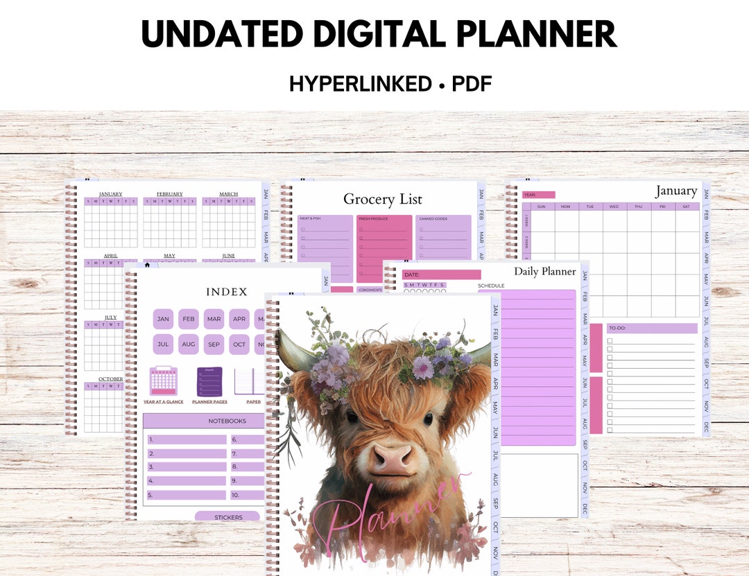 Undated Digital Planner With Cute Highland Cows and Lots of Extras - Etsy