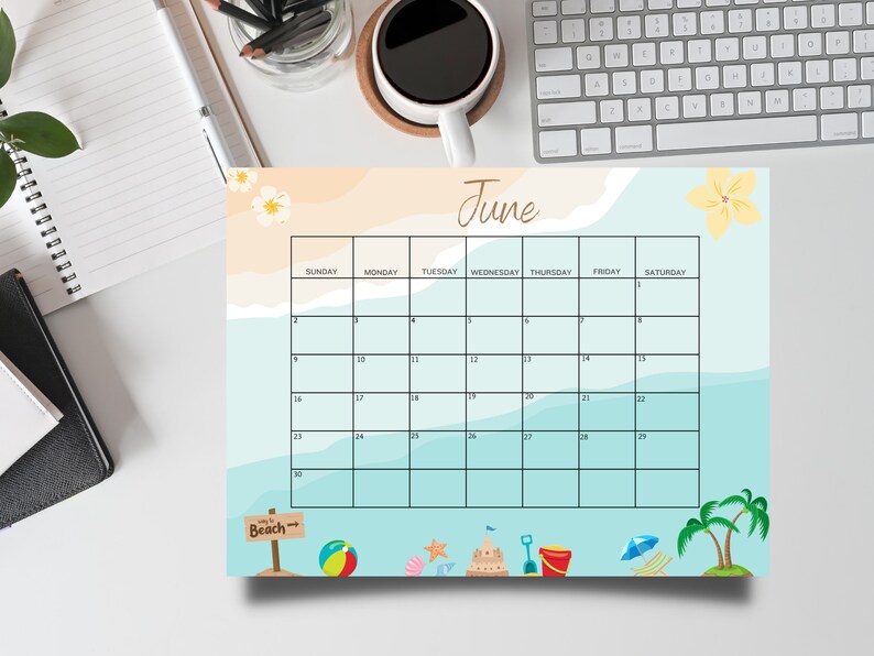 June 2024 Printable Monthly Calendar, Beach Theme, Summer Theme Plus ...