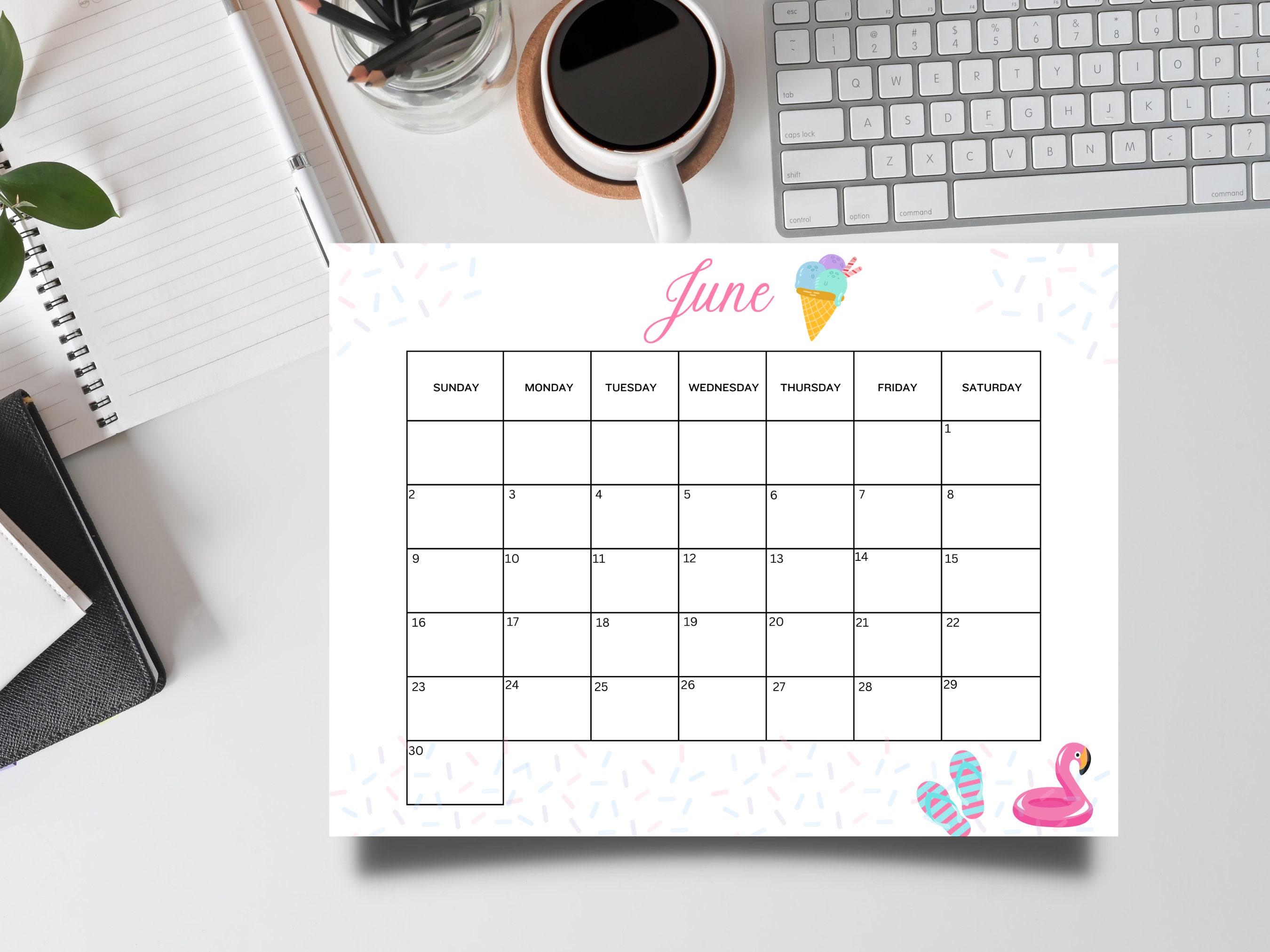 Printable June 2024 Monthly Calendar. Cute Pastel Sprinkles and Ice ...