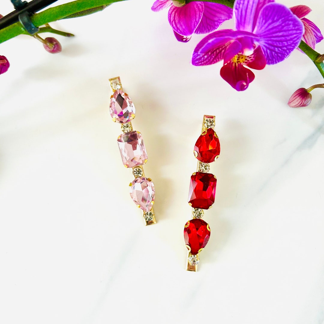 Large Rhinestone Crystal Jeweled Hair Clip - Available in Pink or Red ...