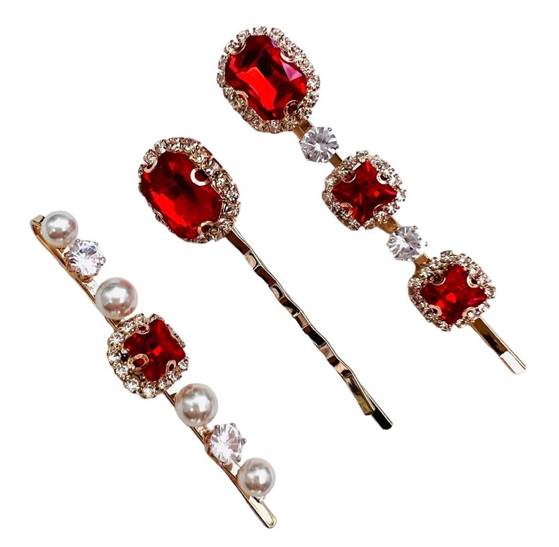 Rhinestone Red Ruby Pearl Jeweled Hair Pin Barrette Set, Bridal ...
