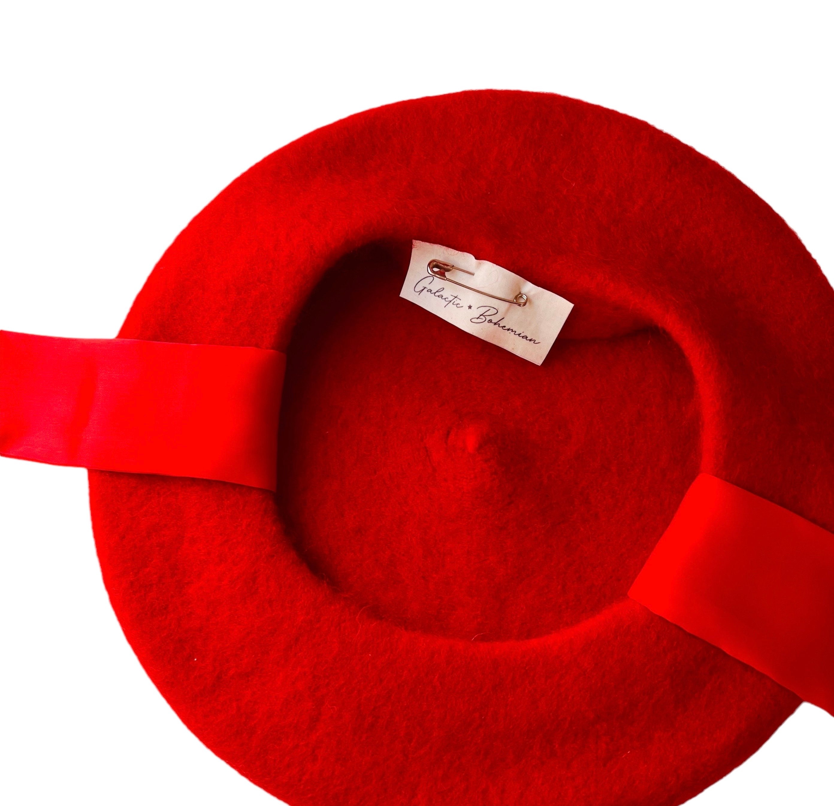 Red French Beret With Long Ribbon Bow Tie Scarf, Necktie, Cap Hat - Etsy