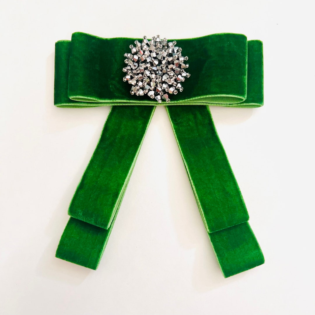 Green Velvet Bow Brooch Pin With 3D Silver Beaded Centerpiece - Etsy