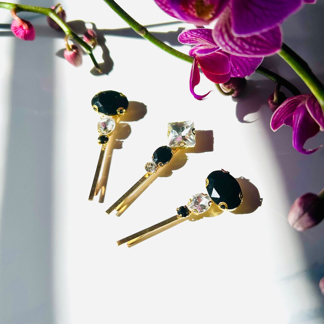 Black and Crystal Jeweled Bobby Pins - Set of 3 - Etsy