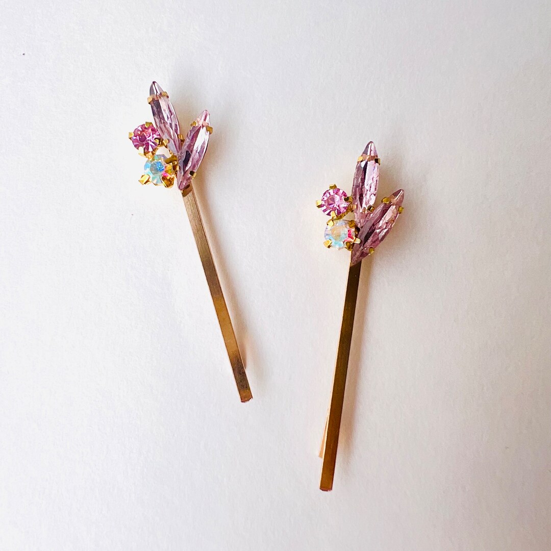 Iridescent Rainbow Pink Vintage Style Jeweled Gold Bobby Pin Set ...