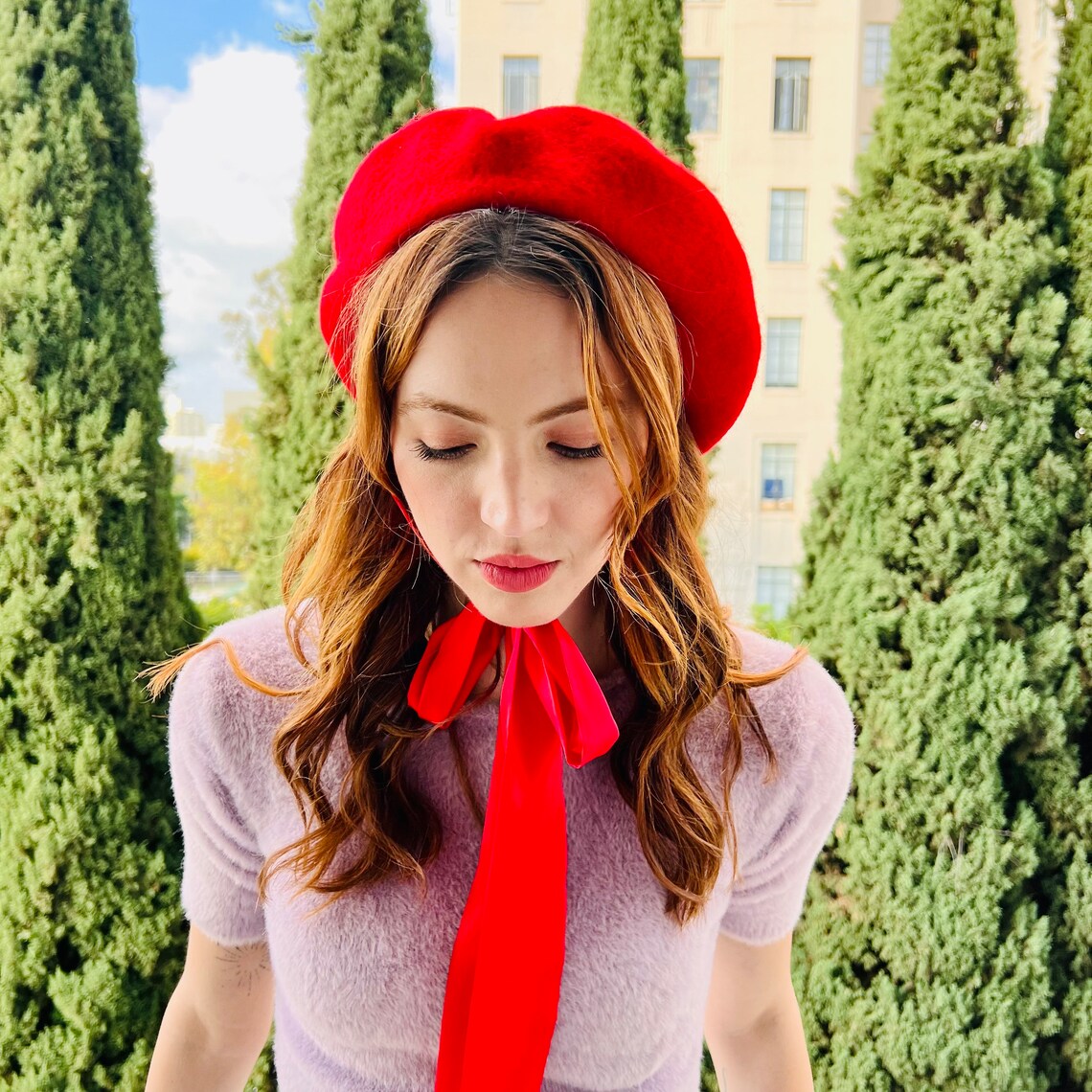 Red French Beret With Long Ribbon Bow Tie, Scarf, Necktie - Etsy