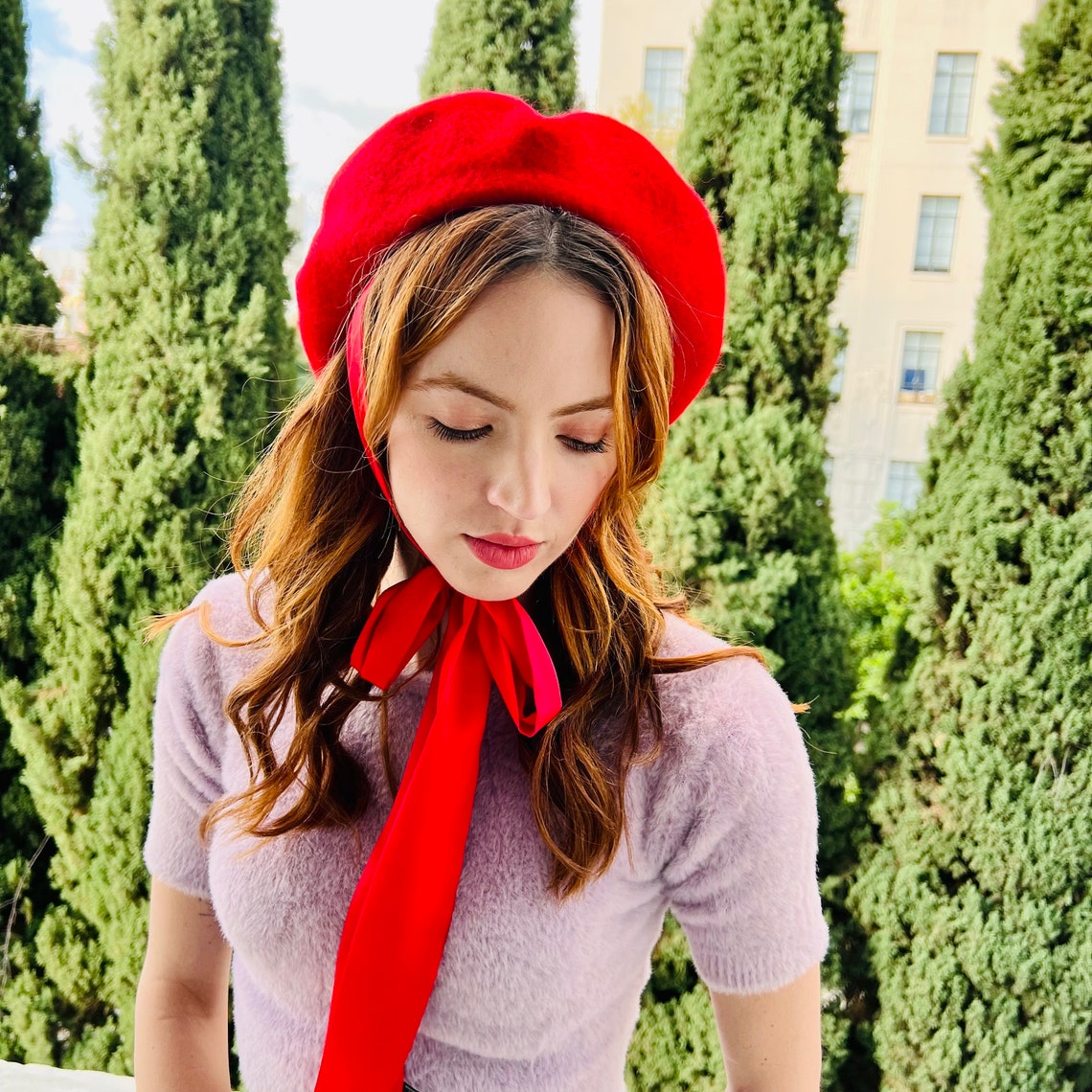 Red French Beret With Long Ribbon Bow Tie, Scarf, Necktie - Etsy