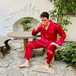 Men’s Red Silky Satin Pajama Set - Gift, Special Occasion, Birthday ...