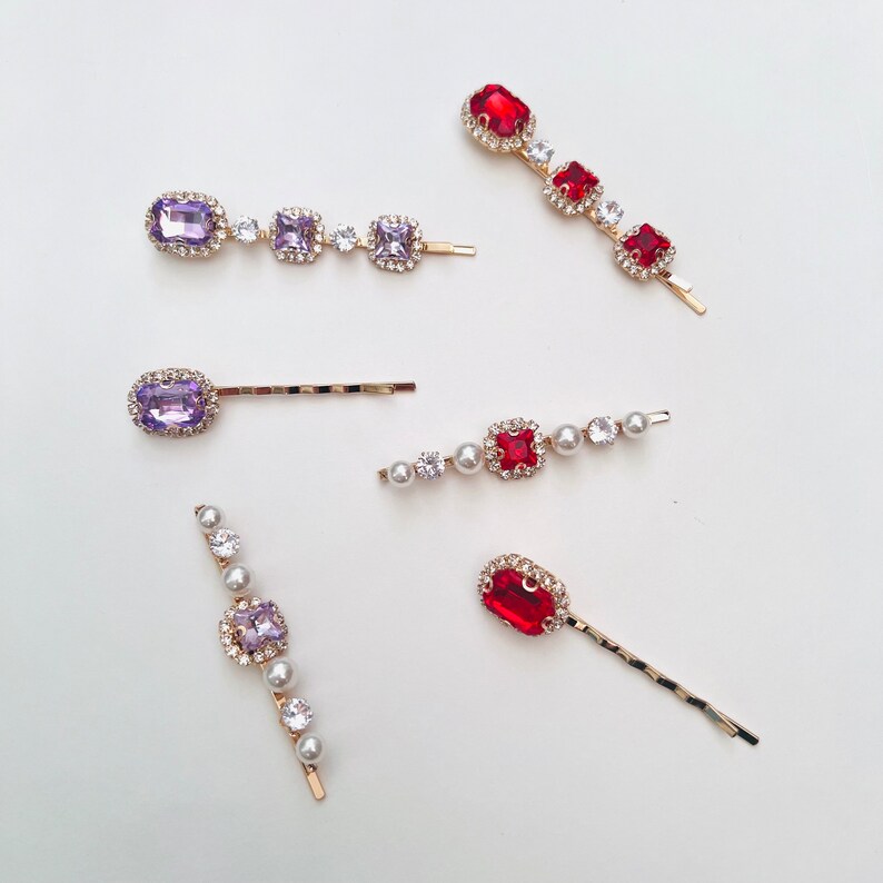 Rhinestone Red Ruby Pearl Jeweled Hair Pin Barrette Set, Bridal ...