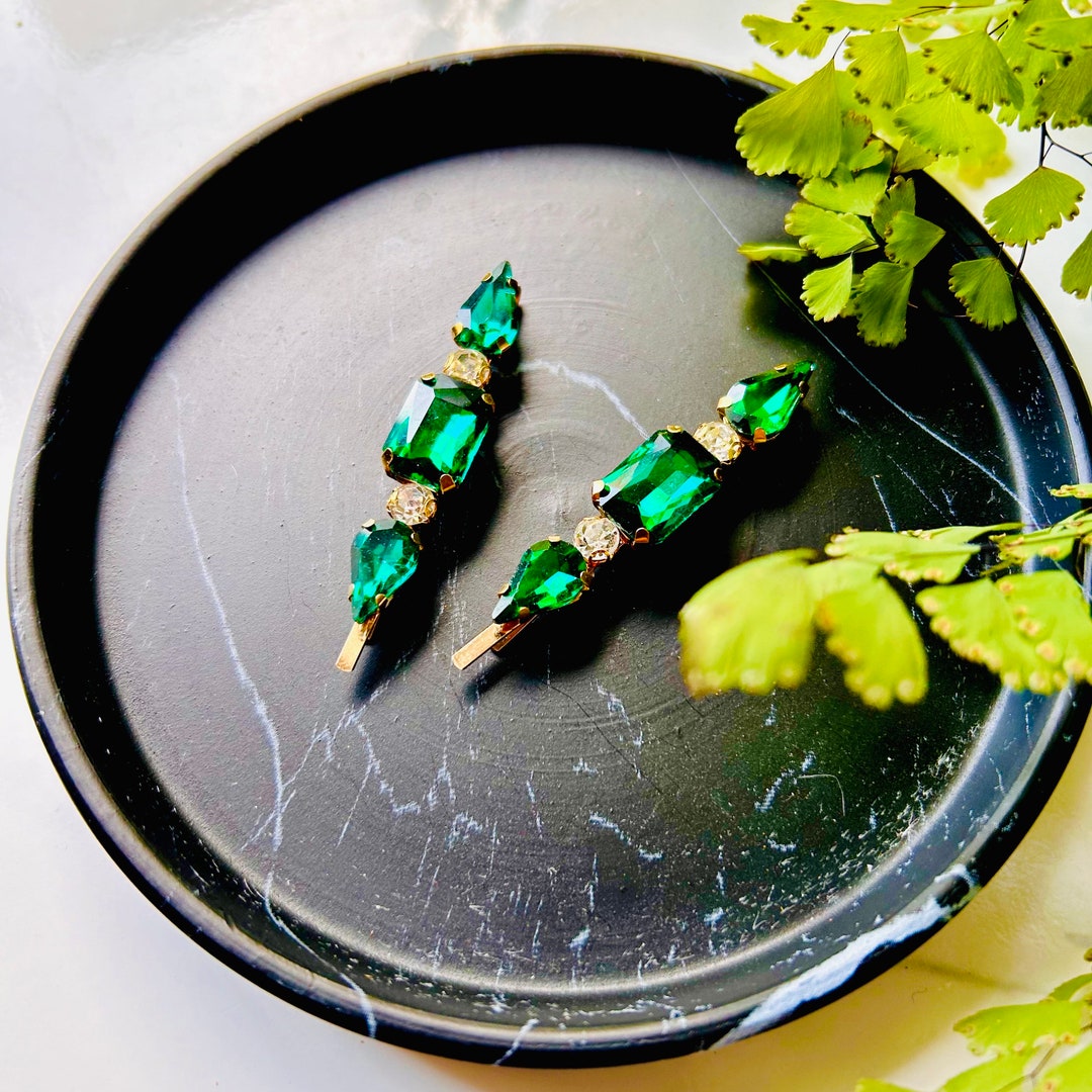 Emerald Green and Rhinestone Crystal Bobby Pin Set - Etsy