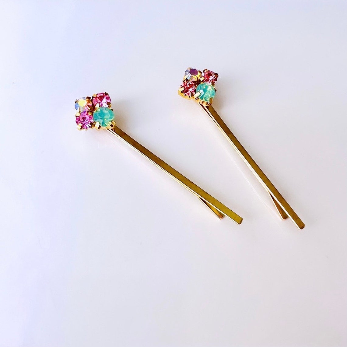 Pink and Mint Green Jeweled Hair Bobby Pin Set of 2, Vintage Style, Art ...