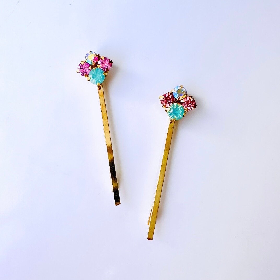 Pink and Mint Green Jeweled Hair Bobby Pin Set of 2, Vintage Style, Art ...