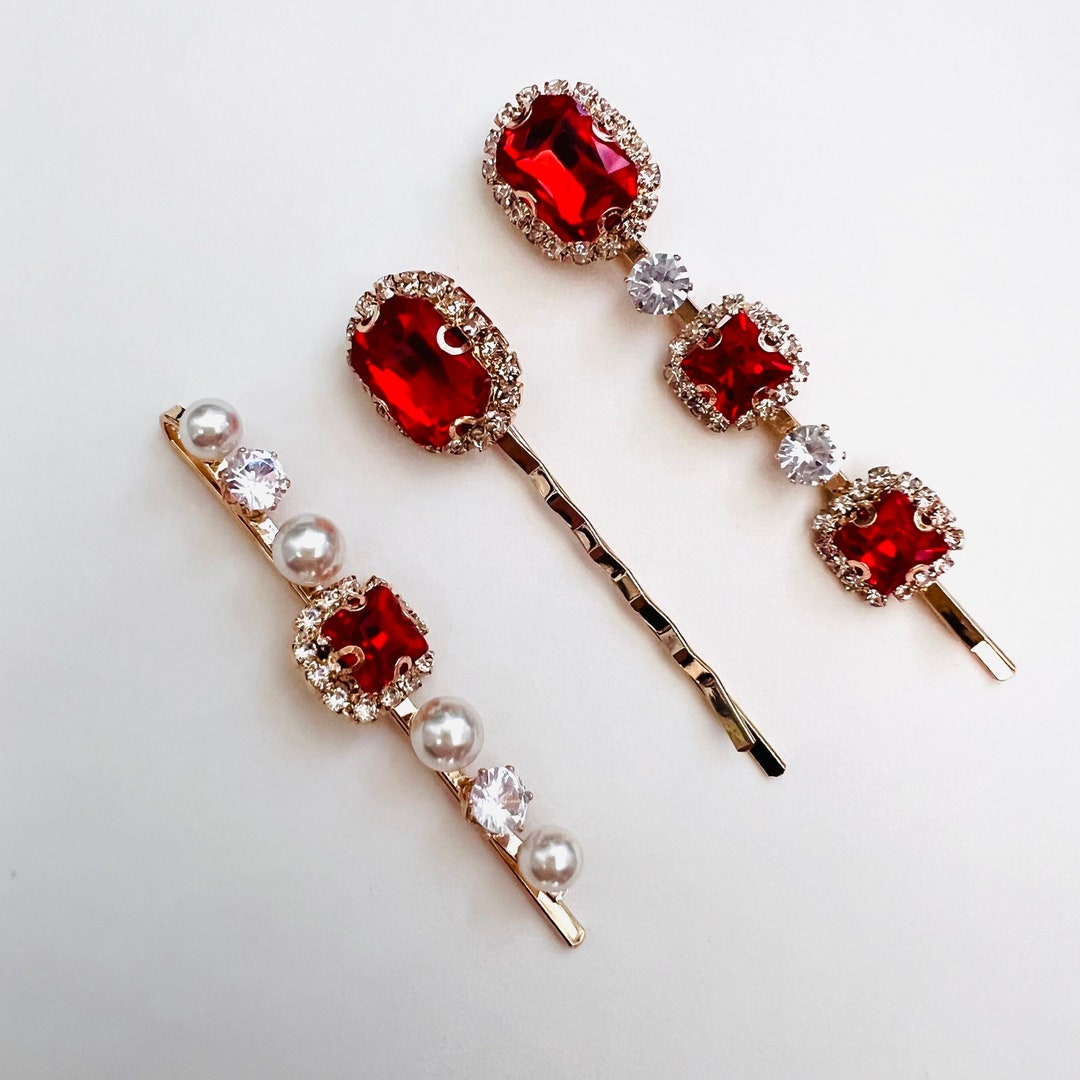 Rhinestone Red Ruby Pearl Jeweled Hair Pin Barrette Set, Bridal ...