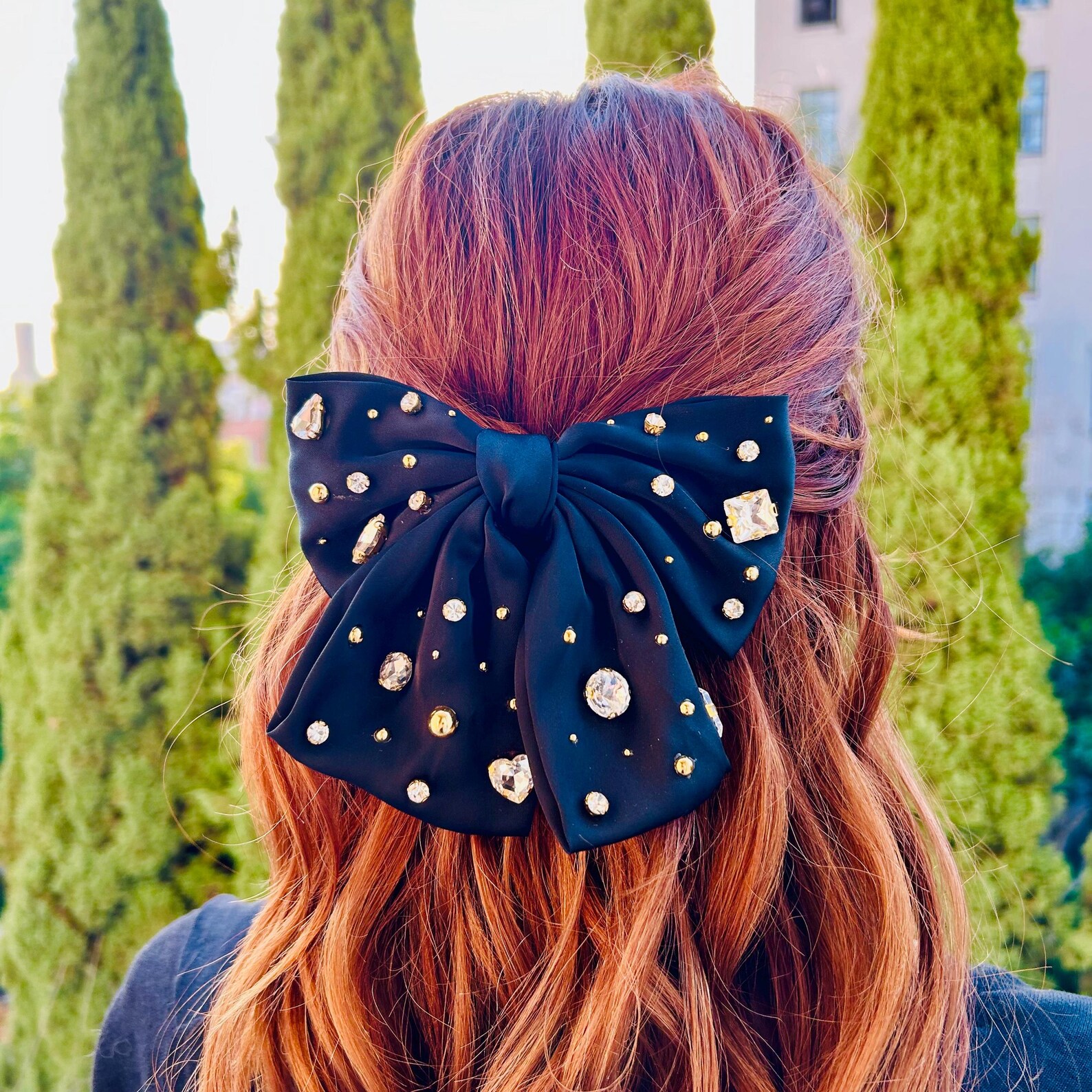 Black Satin Jeweled Rhinestone Stud Hair Bow Barrette - Gift, Special ...