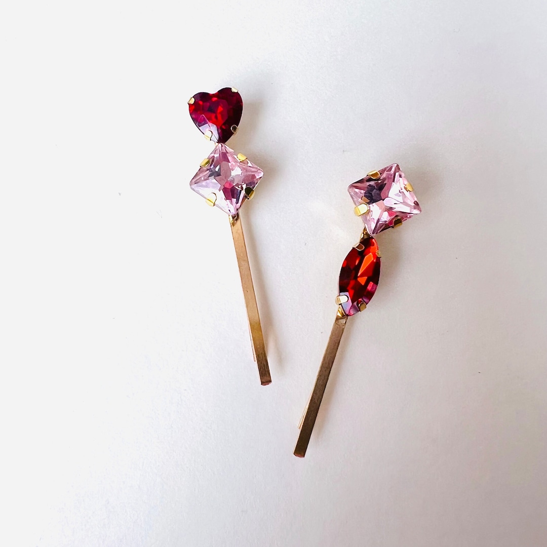 Red Ruby Heart and Pink Crystal Jeweled Gold Booby Hair Pins - Etsy