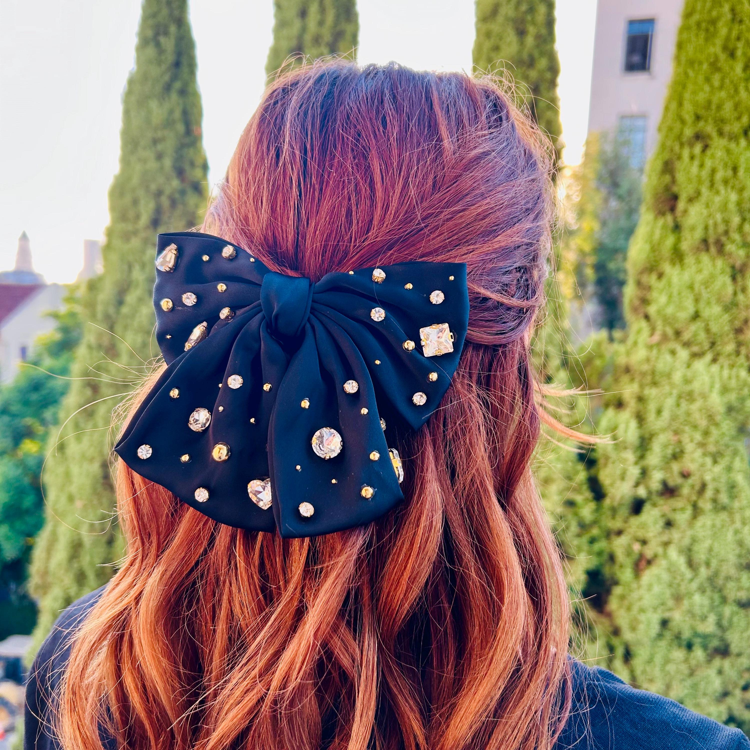 Black Satin Jeweled Rhinestone Stud Hair Bow Barrette - Gift, Special ...