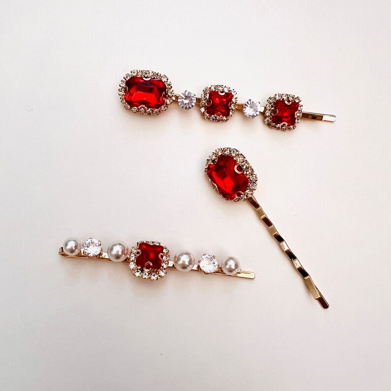 Rhinestone Red Ruby Pearl Jeweled Hair Pin Barrette Set, Bridal ...