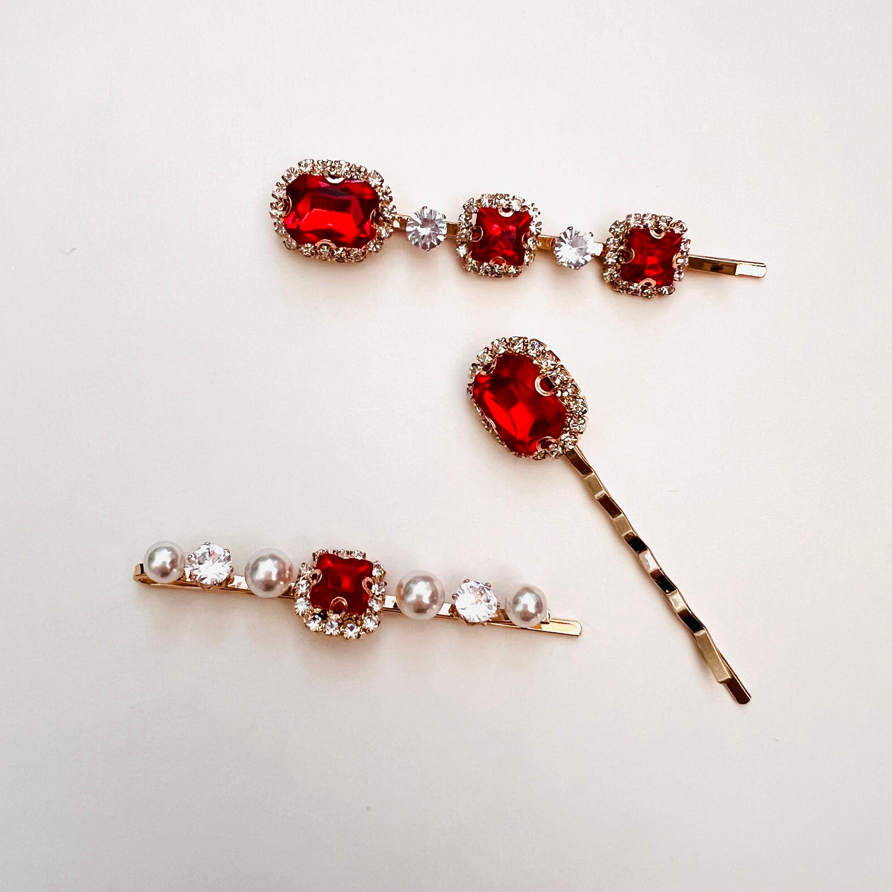 Rhinestone Red Ruby Pearl Jeweled Hair Pin Barrette Set, Bridal ...