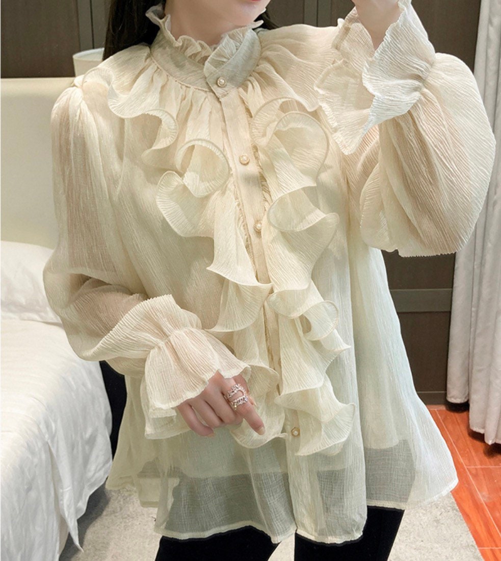 Women White Shirt Ruffle Lace Blouse Women Tops Long Sleeve Office Lady ...