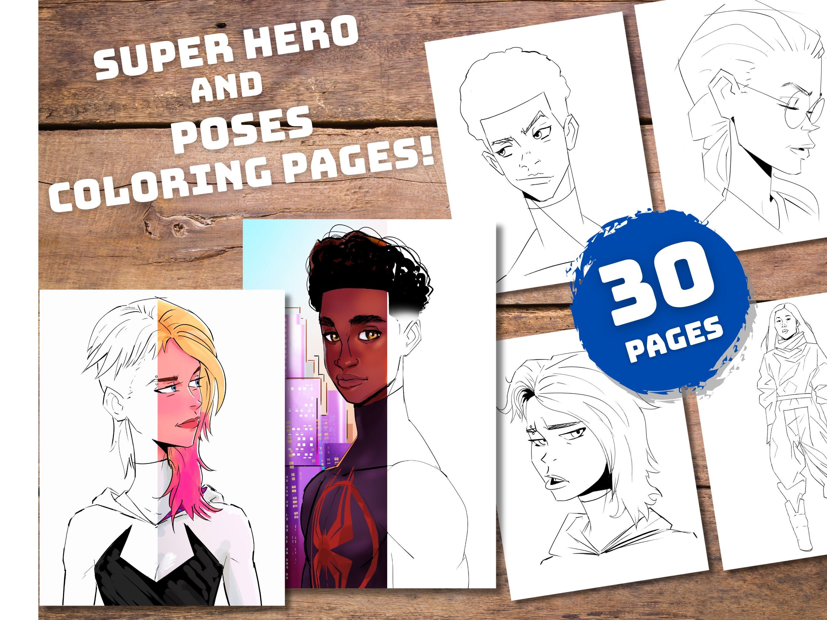Super Hero and Poses Coloring Pages for Children and Adults-digitally ...