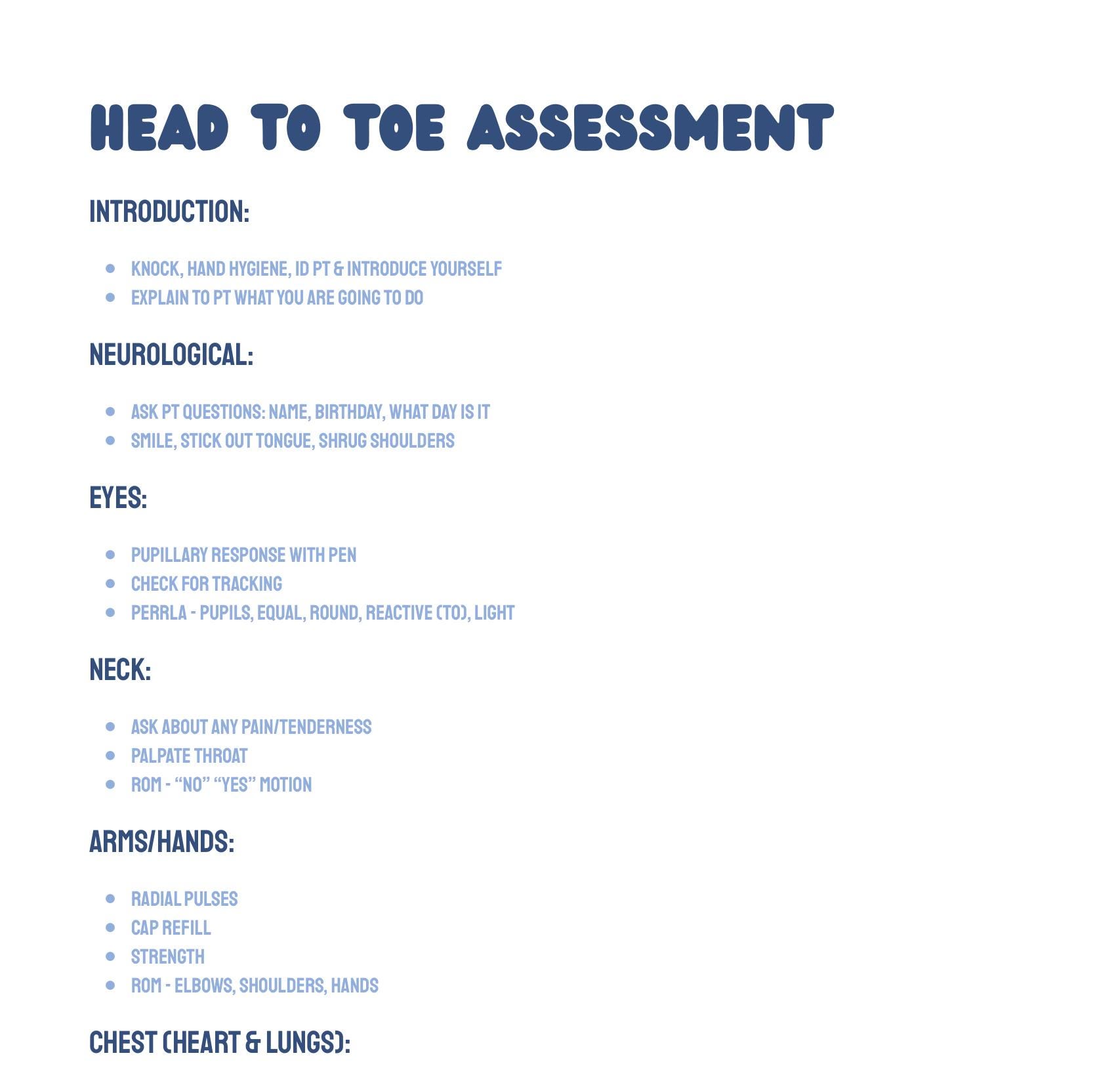 Head to Toe Assessment Cheat Sheet - Etsy