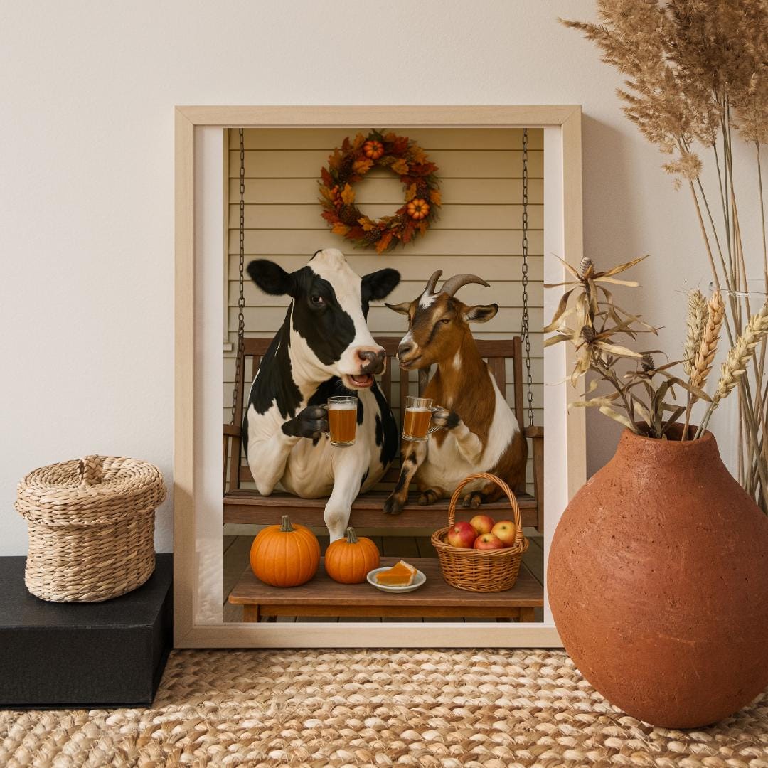 Funny Cow and Goat Fall Porch Print: Cozy Farmhouse Autumn Decor ...