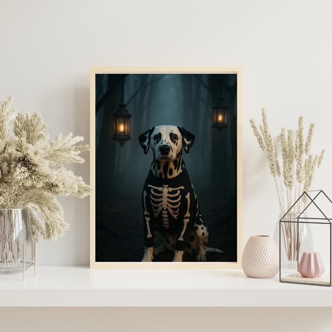Spooky Dalmatian Halloween Print: Skeleton Dog in Haunted Forest ...