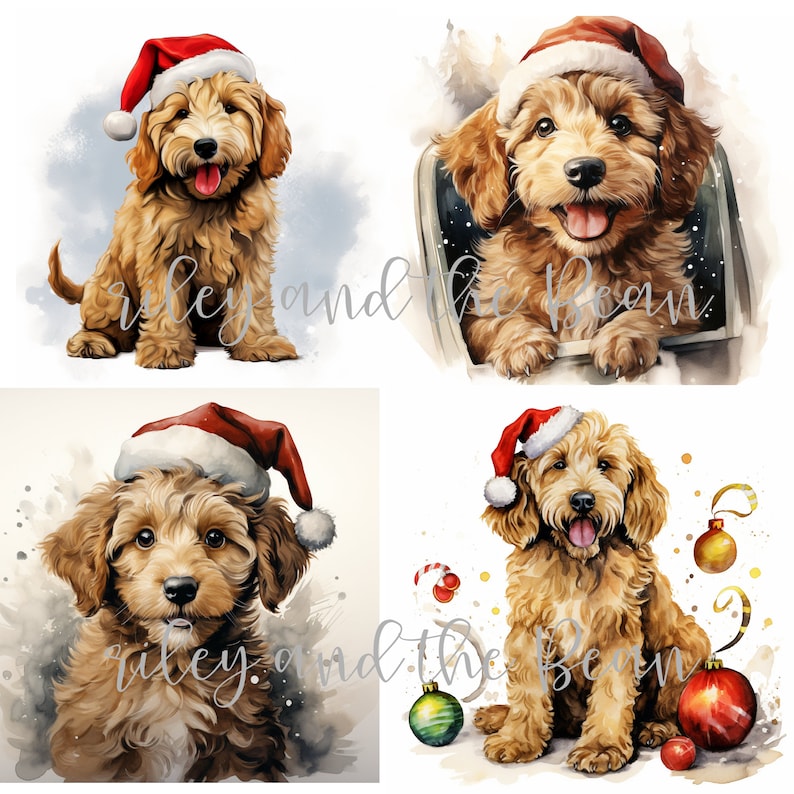Christmas Golden Doodle Clip Art Set, INSTANT Download, Santa Hat ...