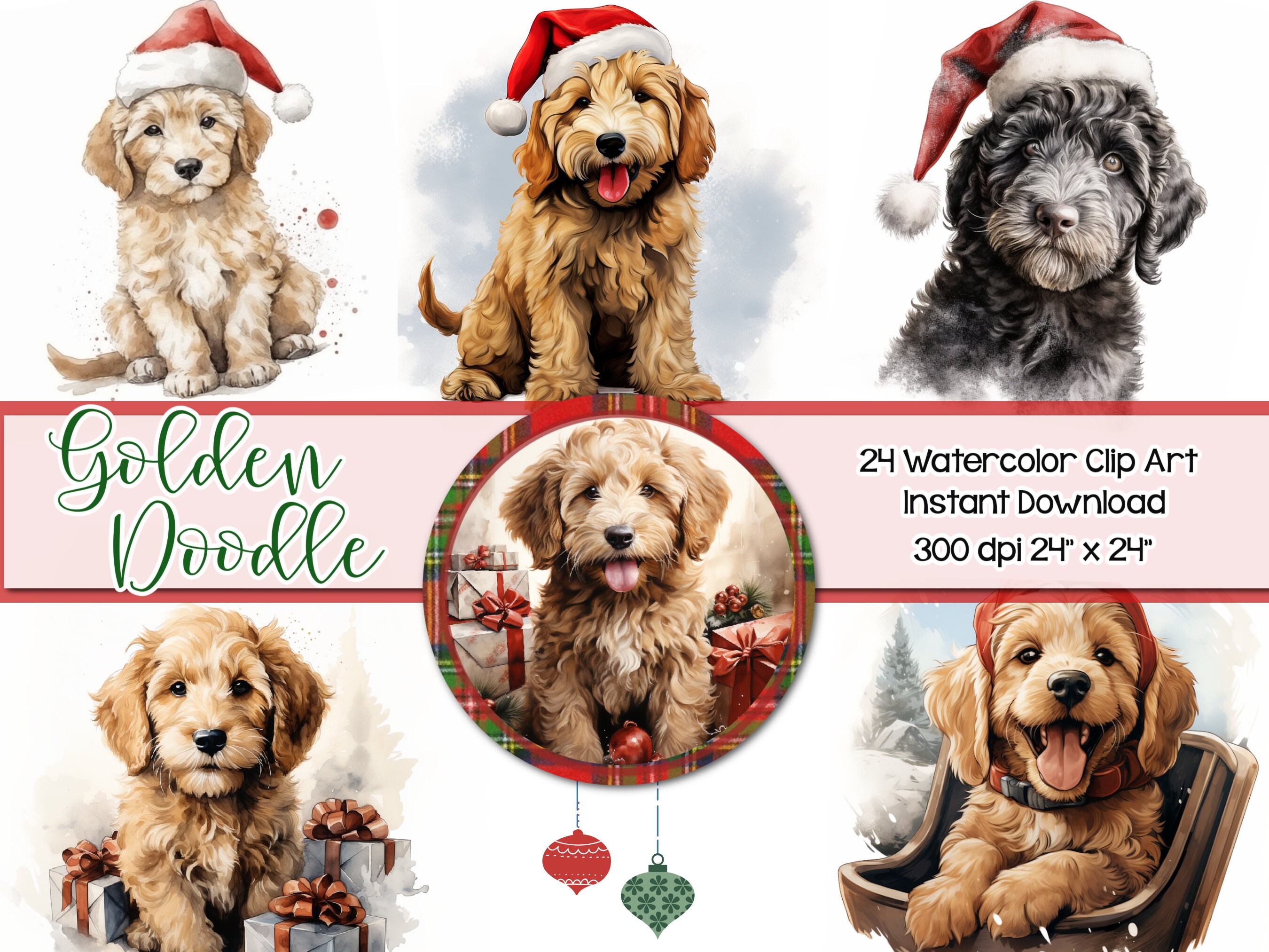 Christmas Golden Doodle Clip Art Set, INSTANT Download, Santa Hat ...