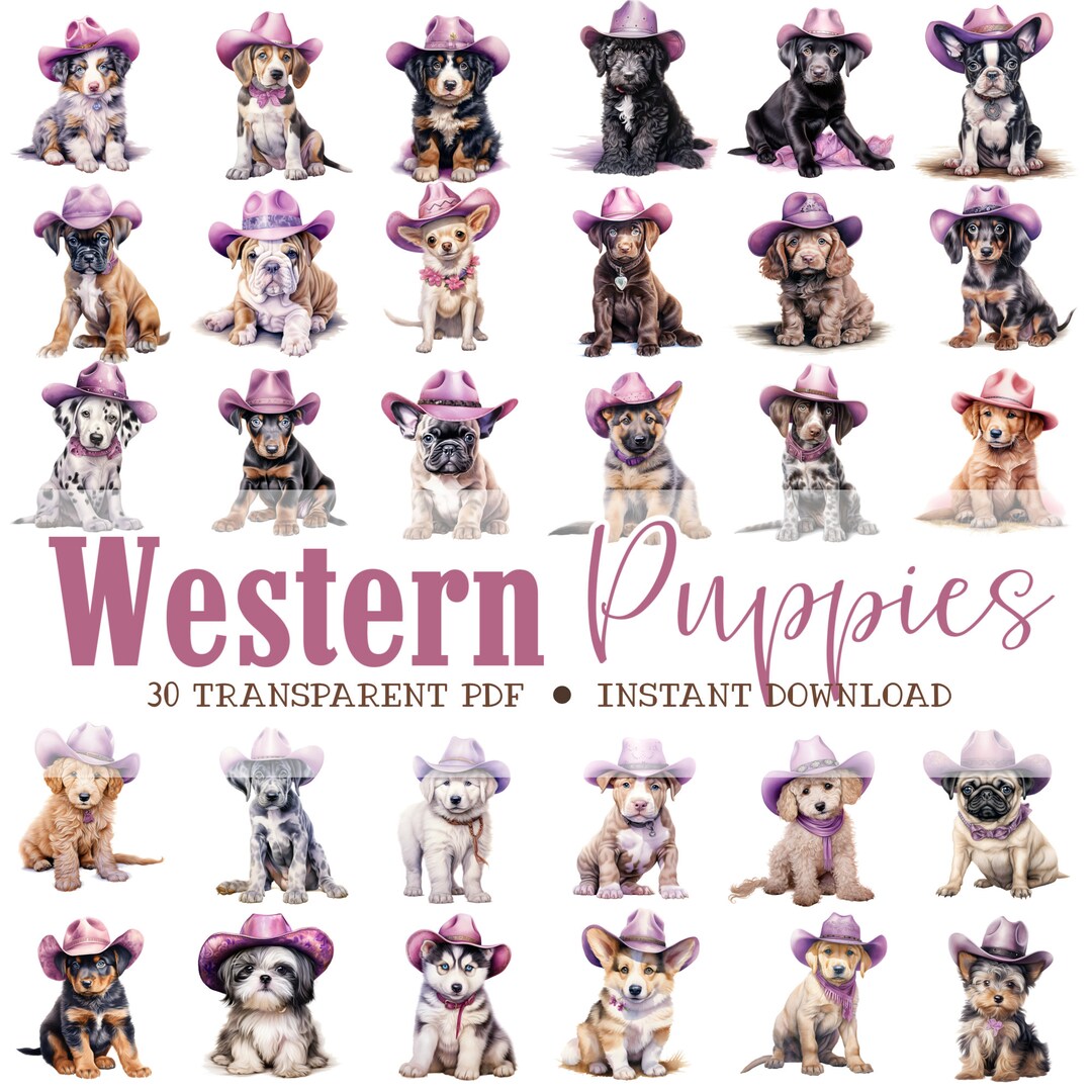 Western Dogs Clip Art Bundle , 30 Images, Girl Puppy in Cowboy Hat ...