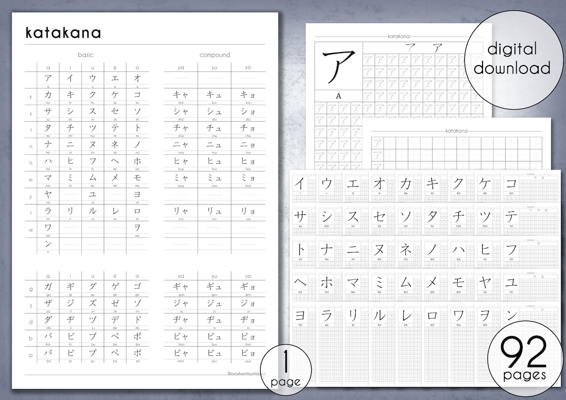 Japanese Katakana Worksheet, Learn Japanese Language, Charts for ...