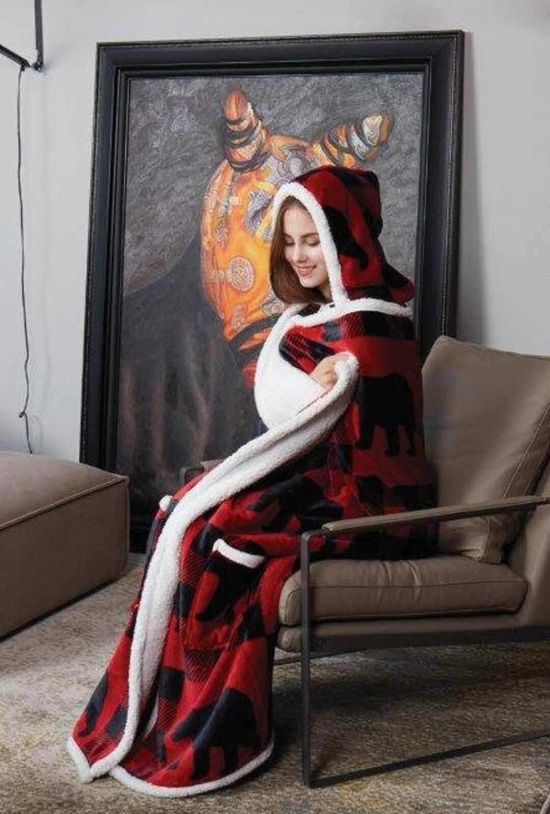 Buffalo Plaid Red Comfy Hoodie Wearable Blanket Bear Thick - Etsy