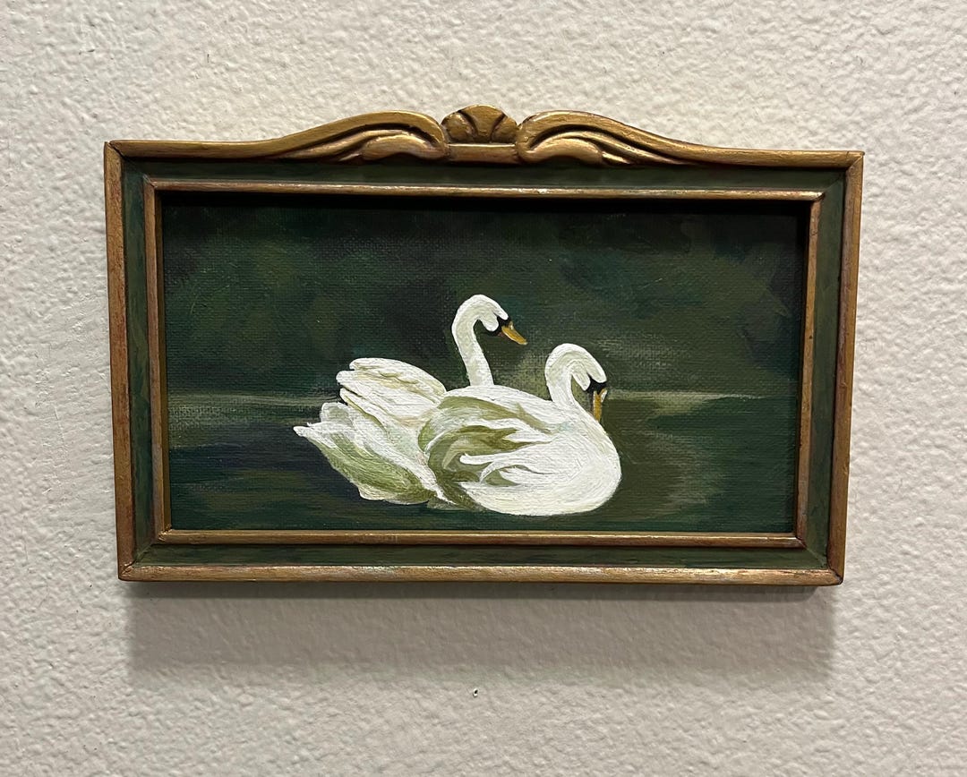 ORIGINAL Framed Beautiful Swans Fluffing Their Wings Stunning Antique ...