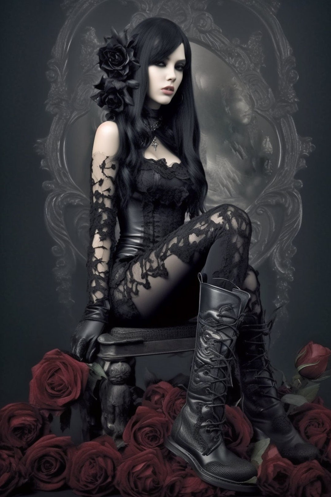 Ai Art Print Beautiful Goth Girl With Roses Gorgeous Woman Etsy