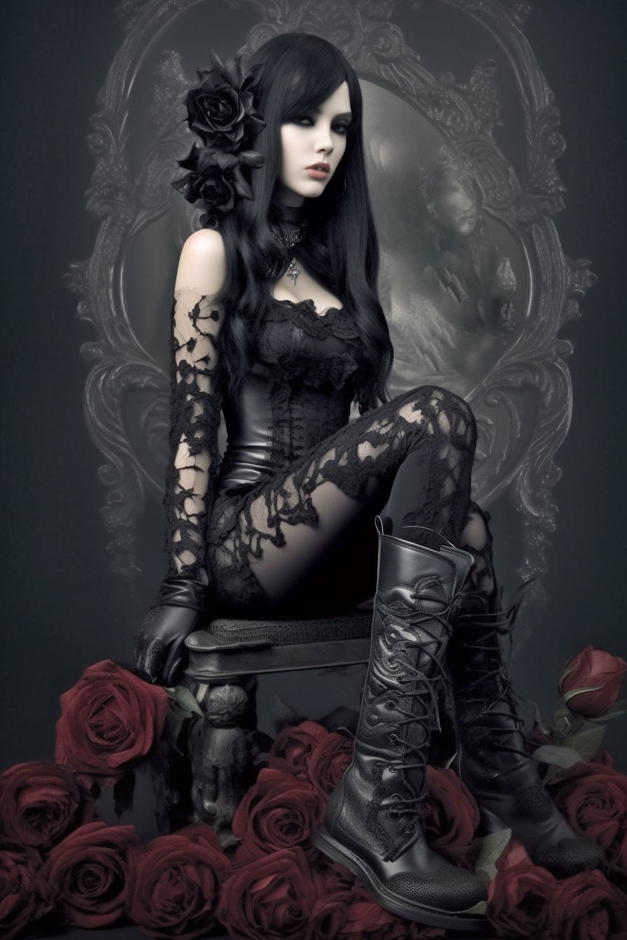 Ai Art Print Beautiful Goth Girl With Roses Gorgeous Woman Etsy