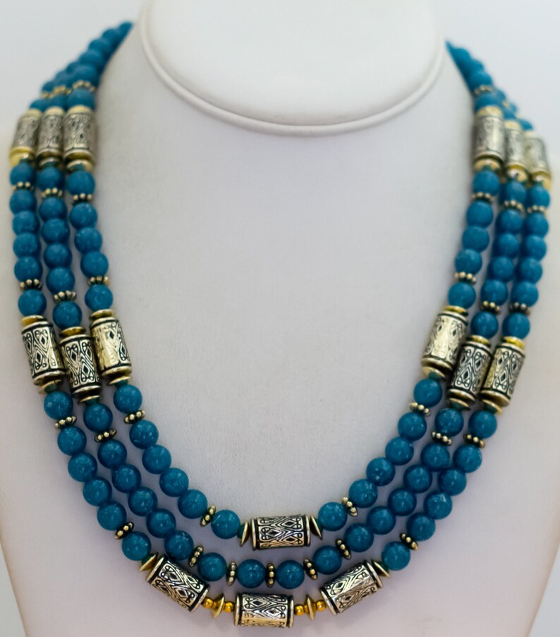 18 Inch, Vintage Blue Sphere Ball Beads Gold Tone Unique Multistrand ...