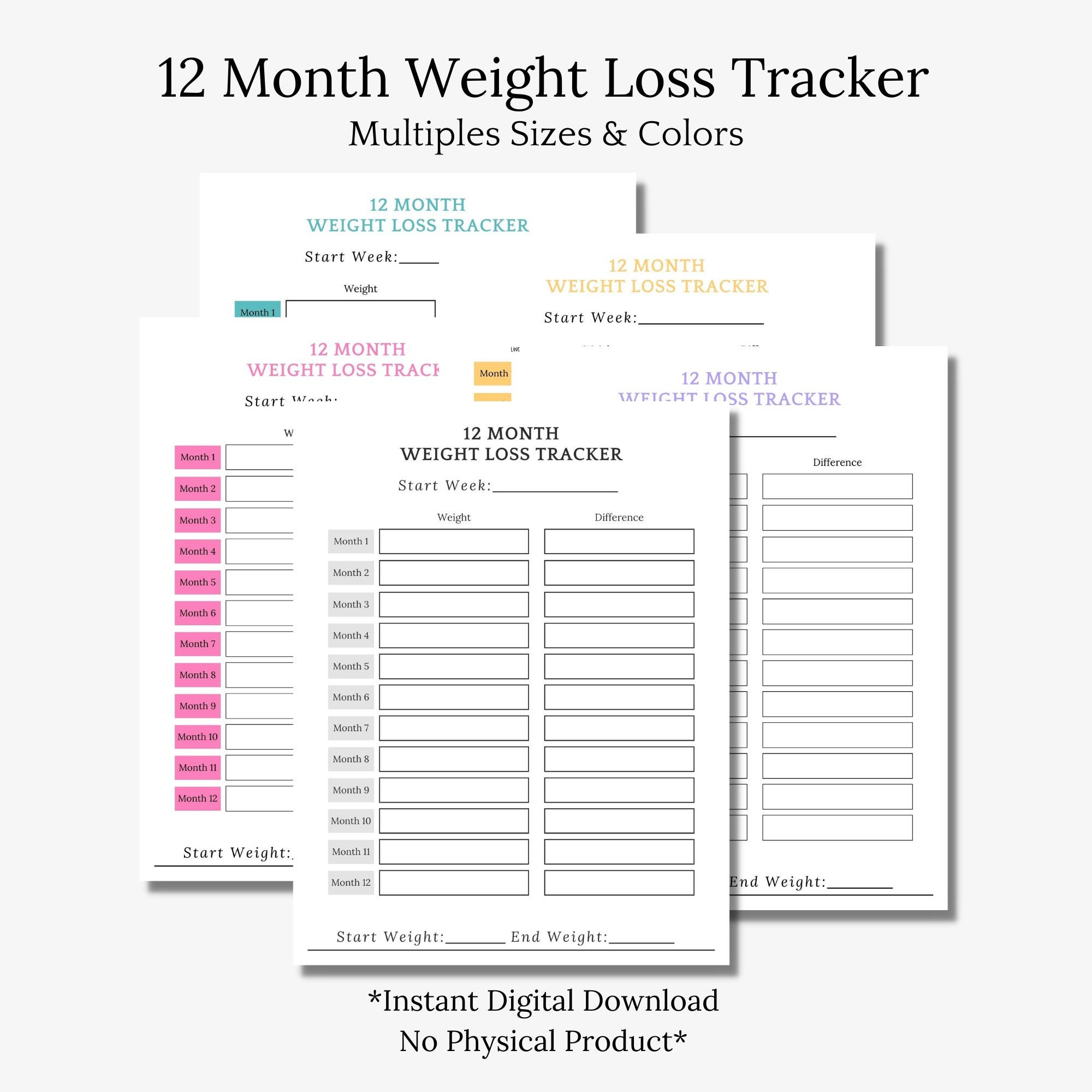 12 Month Weight Loss Tracker Printable Weight Loss Journal Weight Loss ...