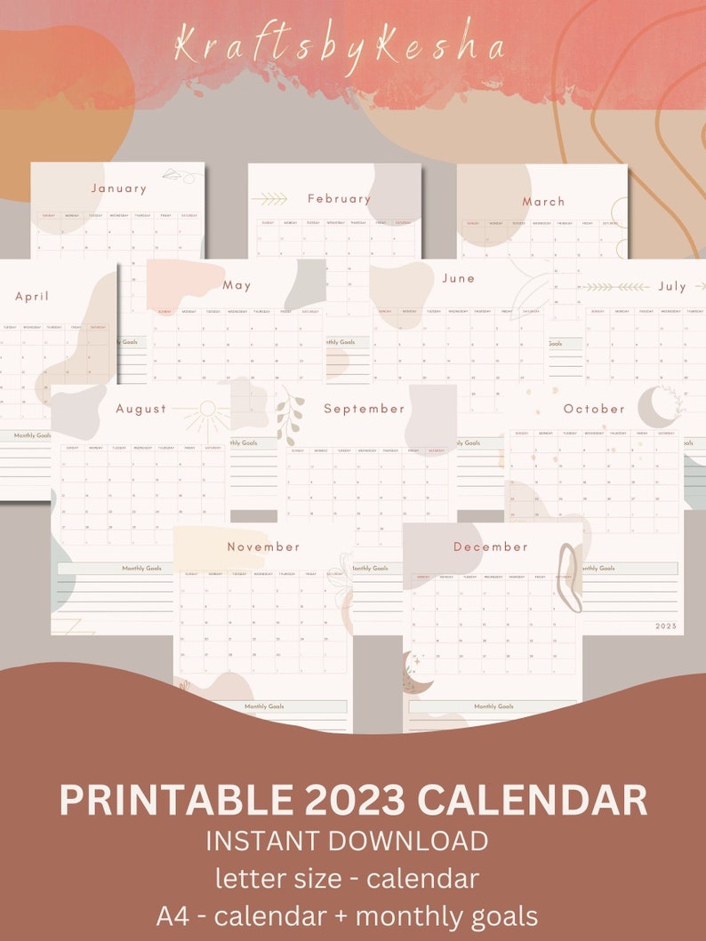 Aesthetic 2023 Printable Calendar | Wall/desk Calendar | Letter Size ...