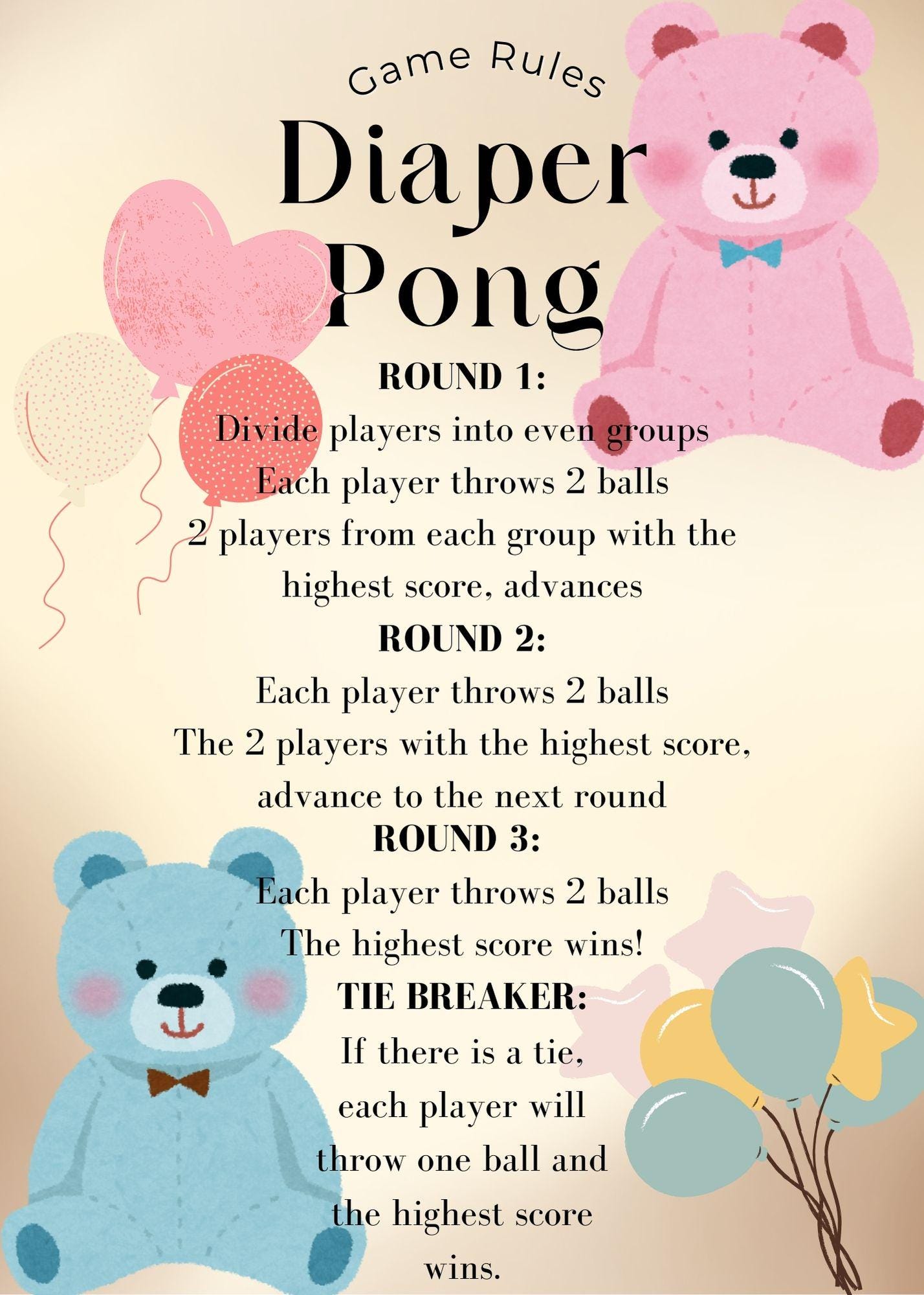 Teddy Bear Boy/girl Diaper Pong Game Instructions Baby Shower - Etsy