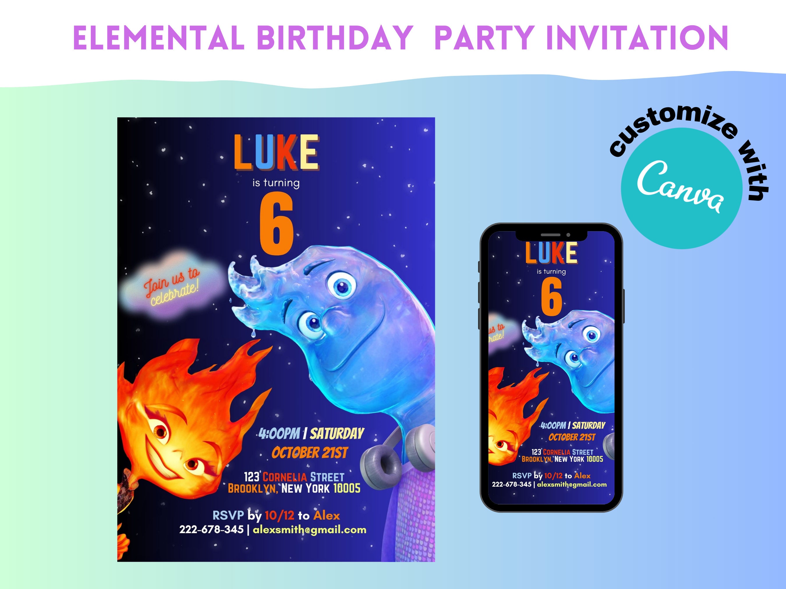 Elemental Birthday Invitation, Elemental Movie Invitation, Wade Ember ...