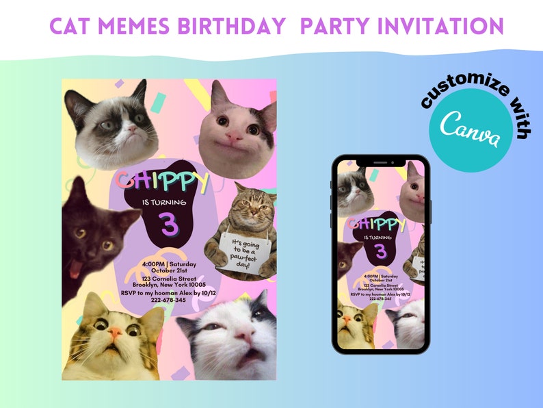 Cat Memes Birthday Invitation, Editable Cat Birthday Invitation, Cats ...