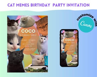 Cat Memes Birthday Invitation, Editable Cat Birthday Invitation, Cats ...