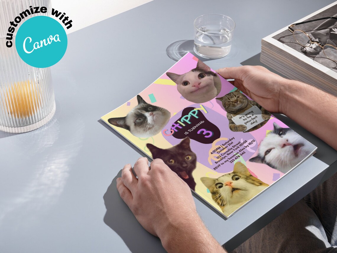 Cat Memes Birthday Invitation, Editable Cat Birthday Invitation, Cats ...