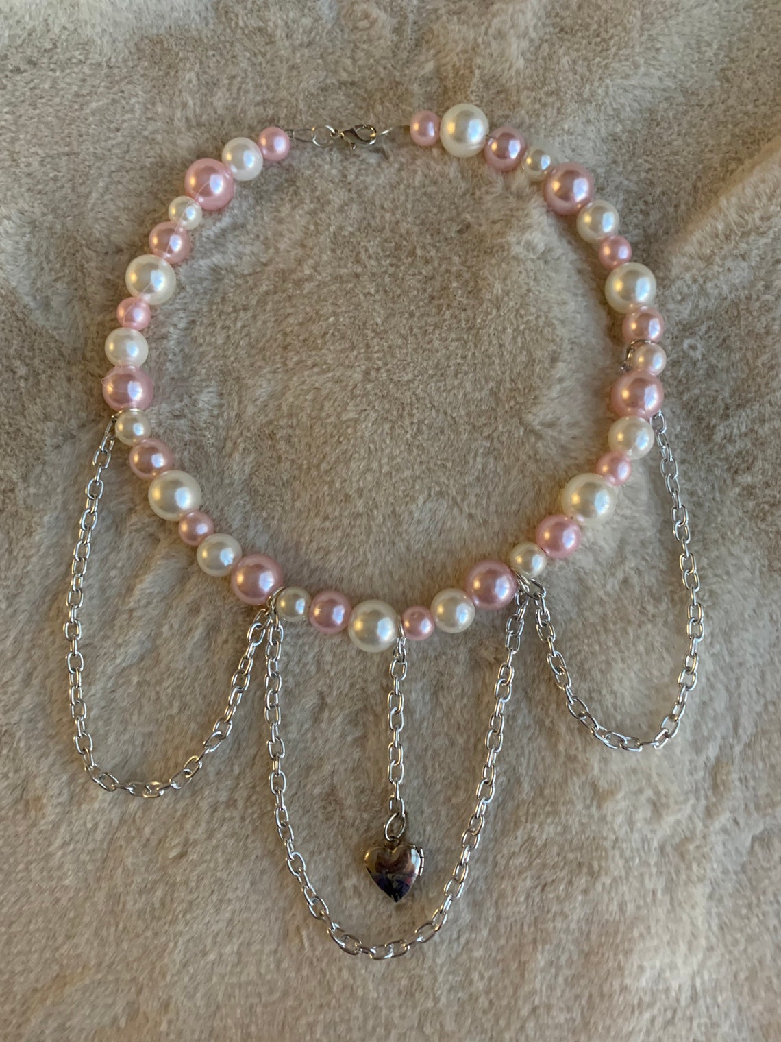 Pink and White Pearl Necklace Coquette Locket Silver Chain Necklace ...