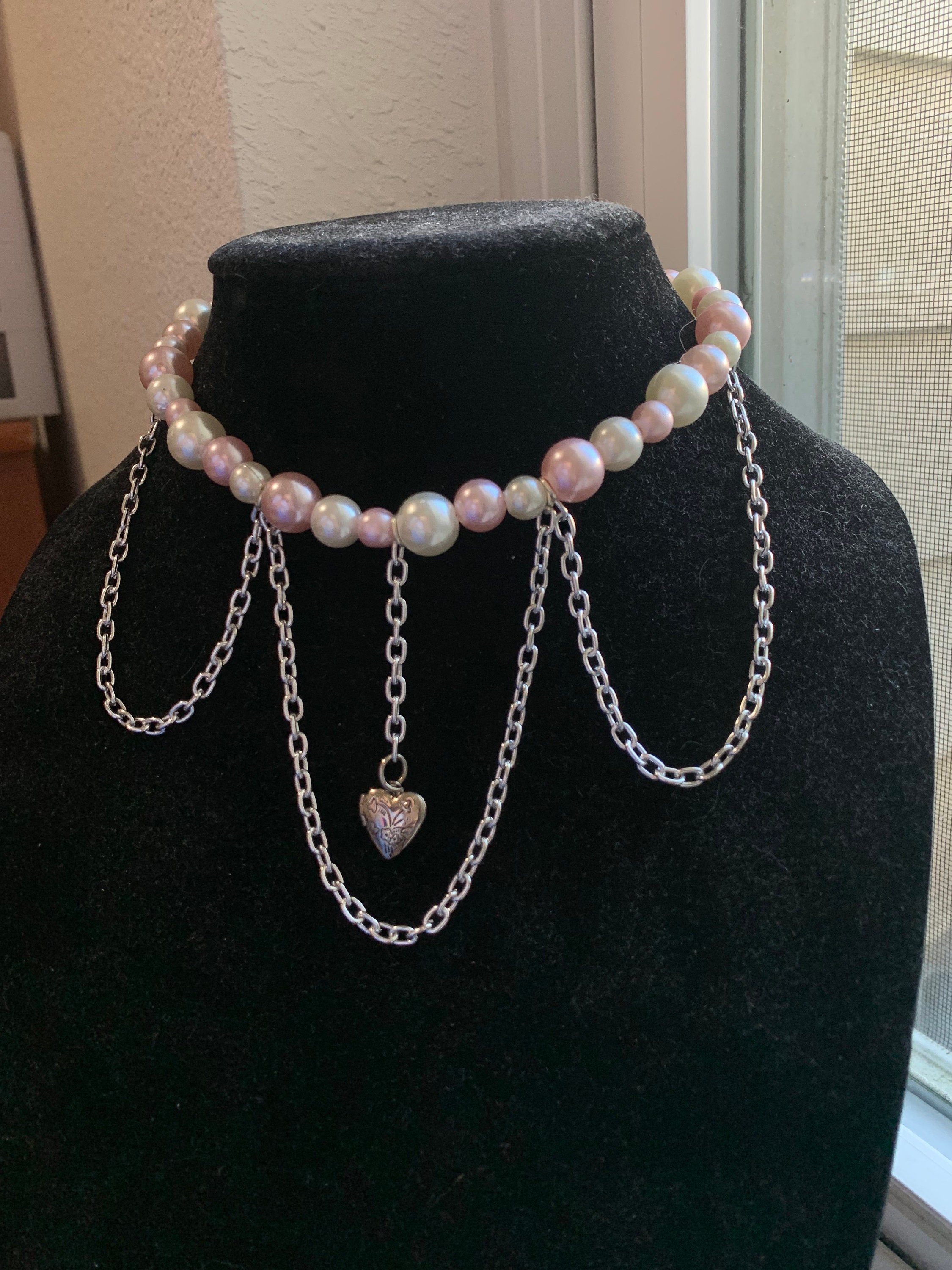 Pink and White Pearl Necklace Coquette Locket Silver Chain Necklace ...