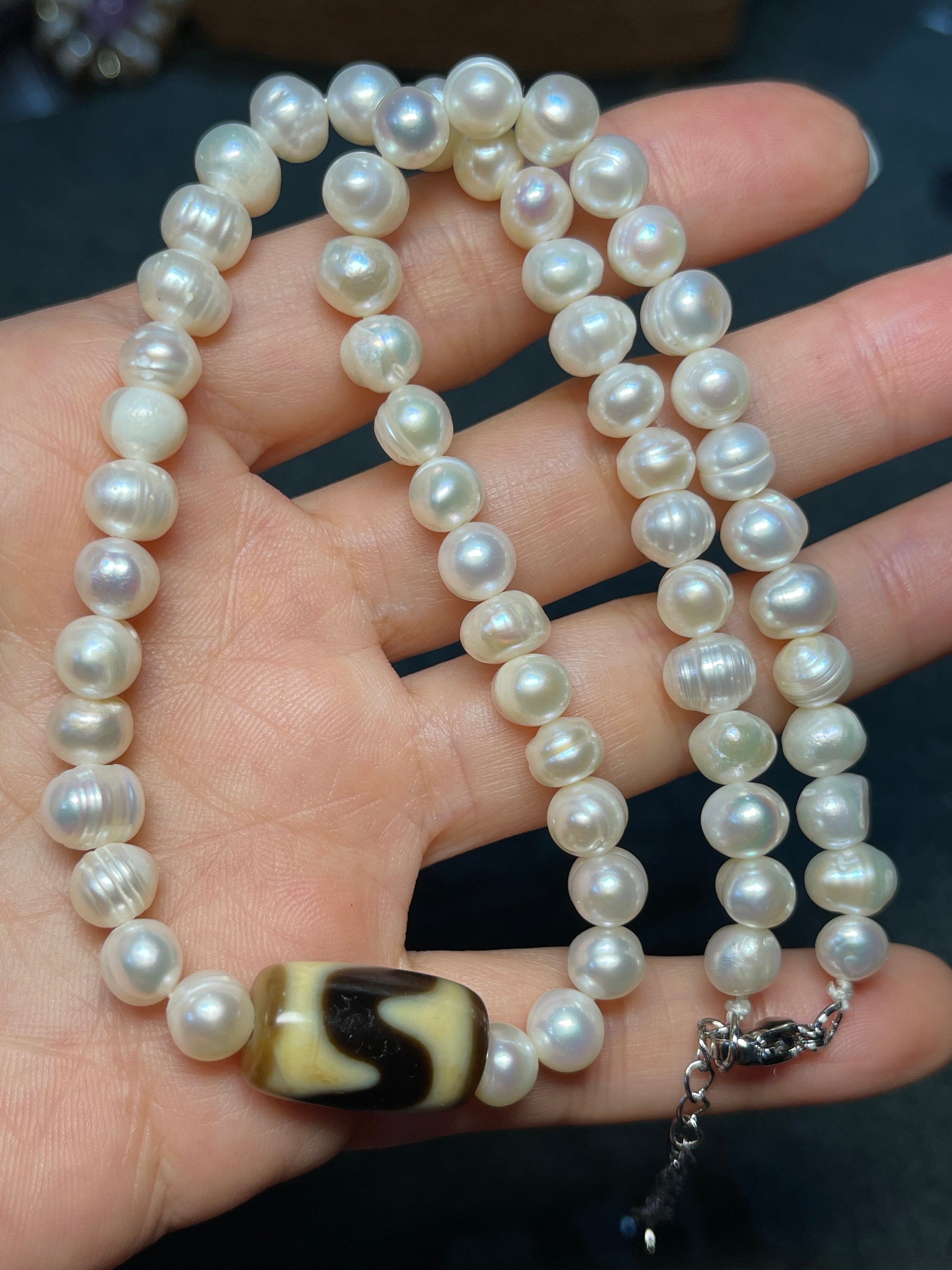 Dzi Bead Adjustable Tiger Tooth Pattern Necklace Mix With Pearl - Etsy