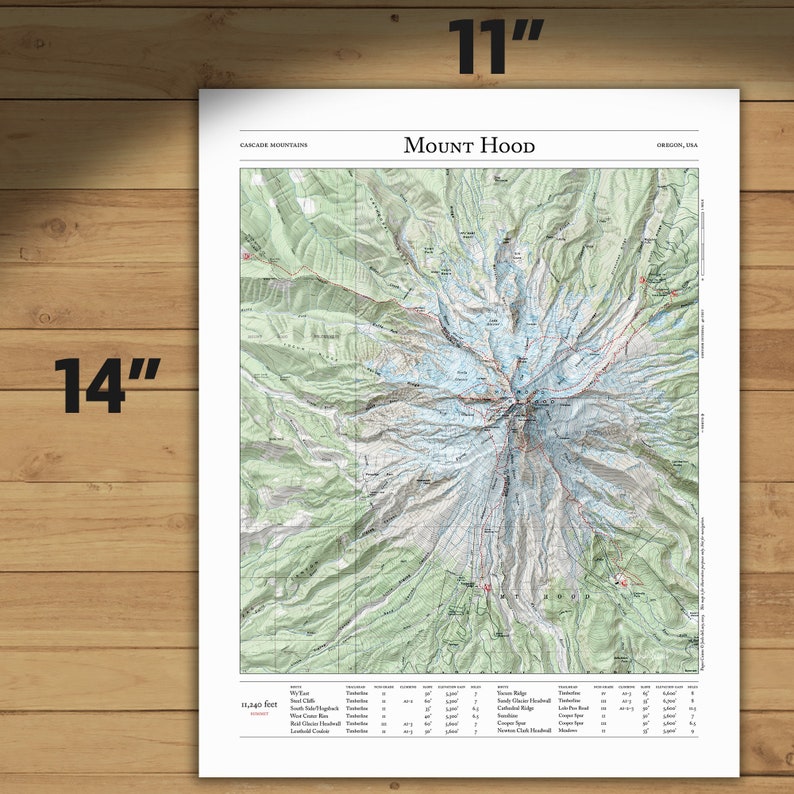 Mt. Hood Mountaineer's Map | Cascade Mountains, OR | Hillshade Art ...