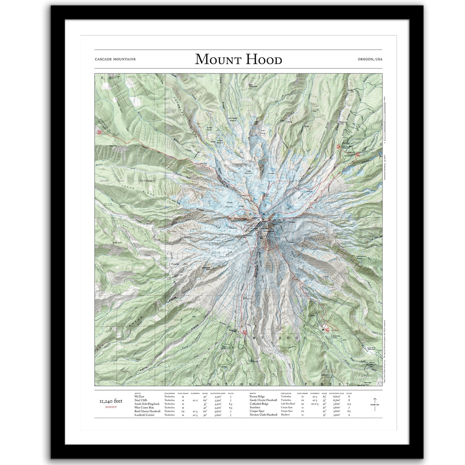Mt. Hood Mountaineer's Map | Cascade Mountains, OR | Hillshade Art ...