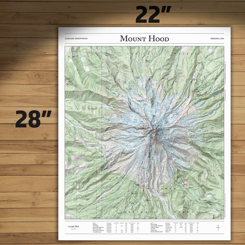 Mt. Hood Mountaineer's Map | Cascade Mountains, OR | Hillshade Art ...